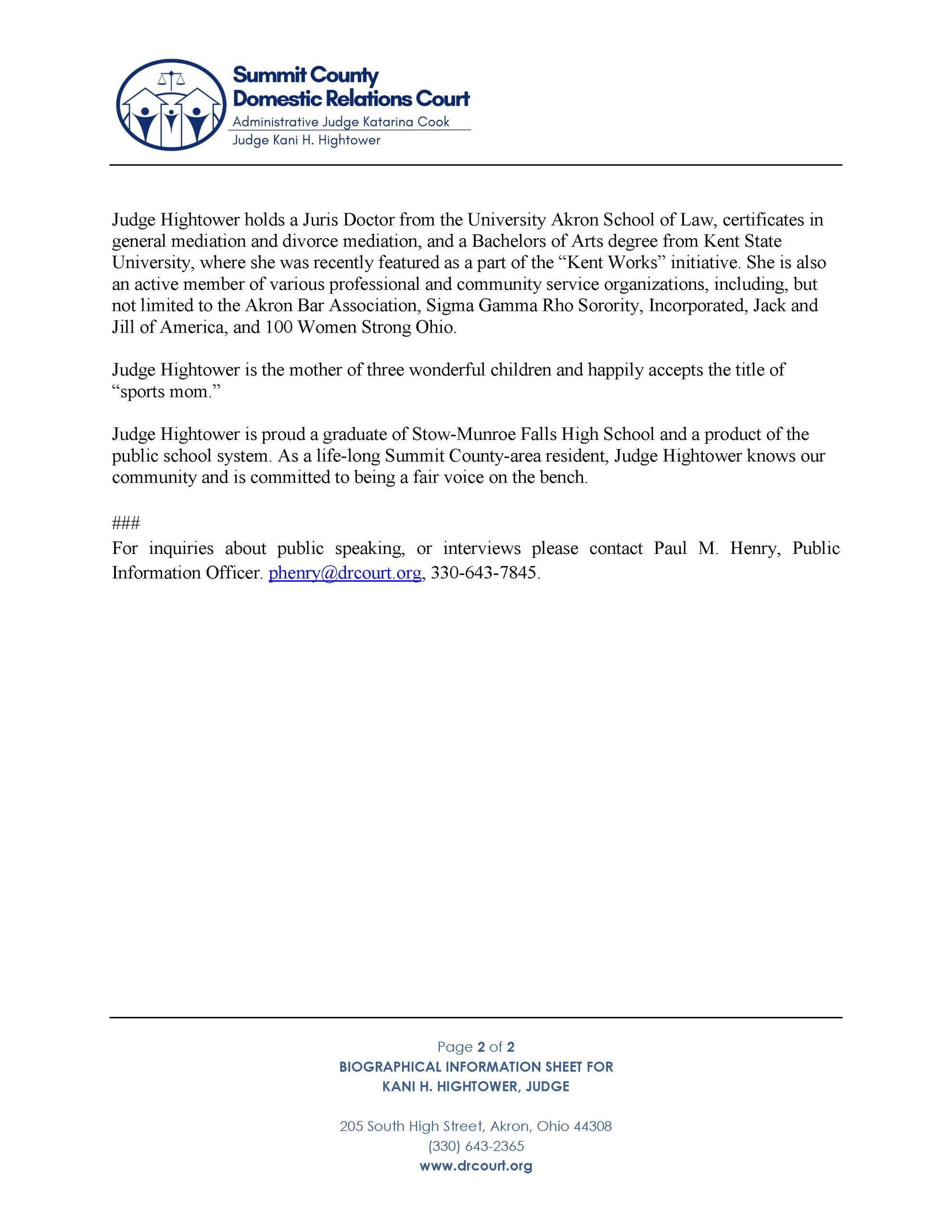 Judge Kani Hightower | Summit County Domestic Relations Court